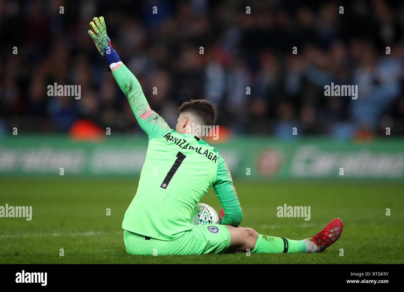 Chelsea goalkeeper Kepa Arrizabalaga waves to the Chelsea medical staff ...