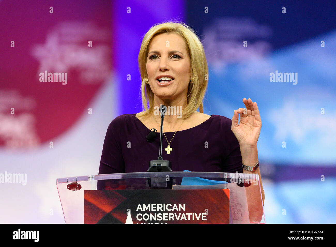 Laura Ingraham, host of The Ingraham Angle on Fox News Channel, seen speaking during the ...