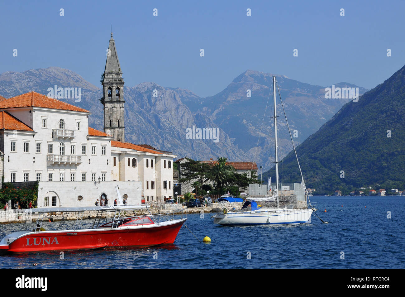 Scenic panorama view of the historic town of Perast, Montenegro Stock ...