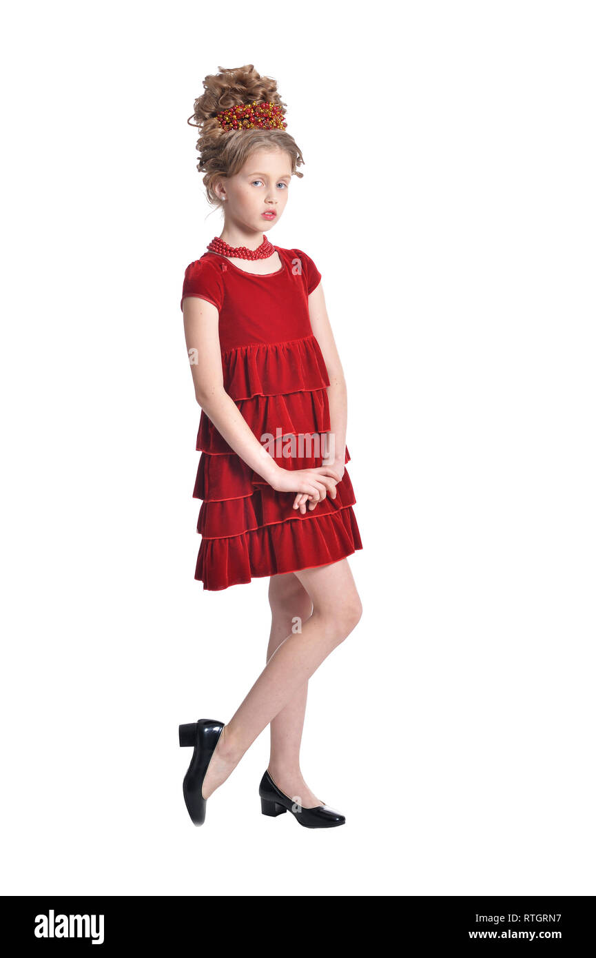 Full length. Girl in red dress posing isolated Stock Photo - Alamy