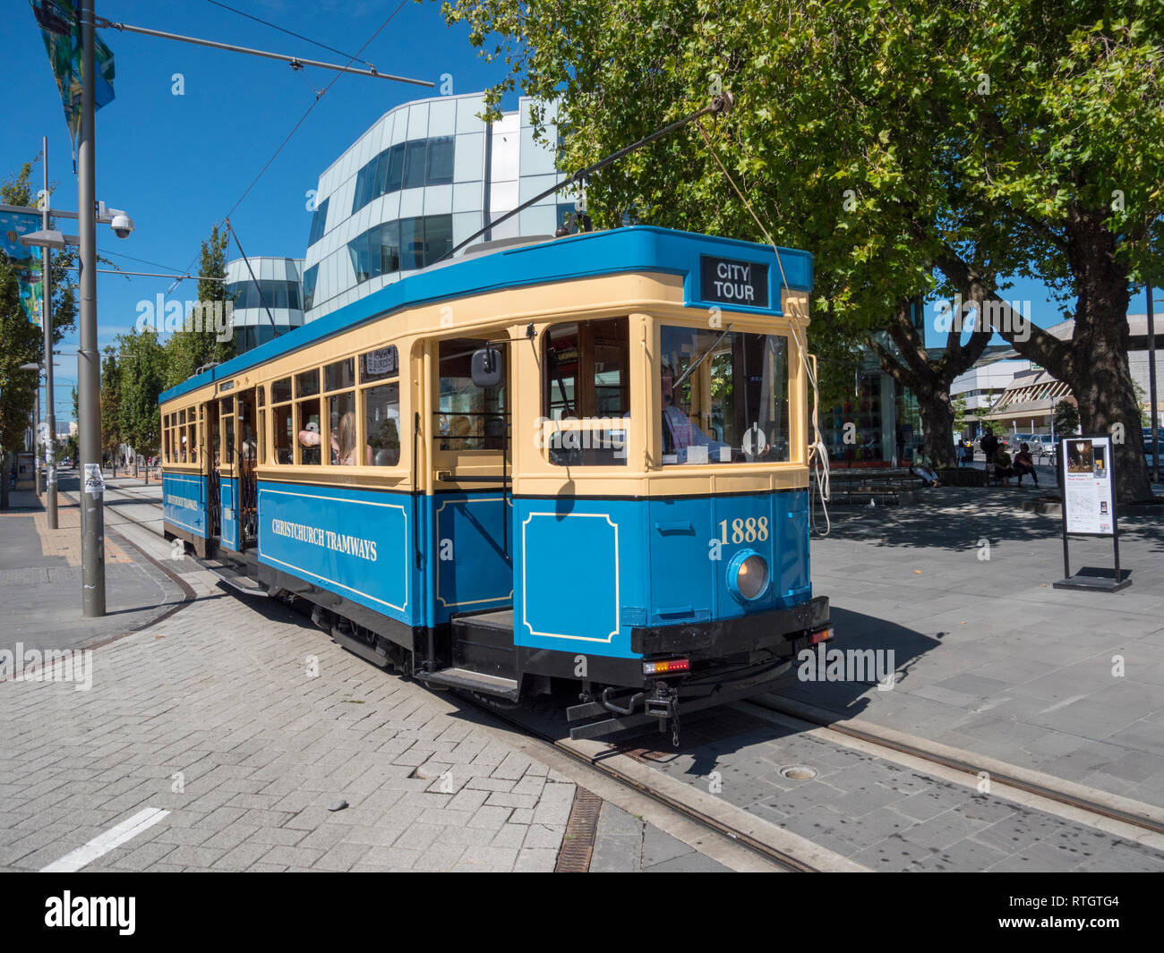 A blue and cream heritage tram on the Christchurch tramway New Zealand ...