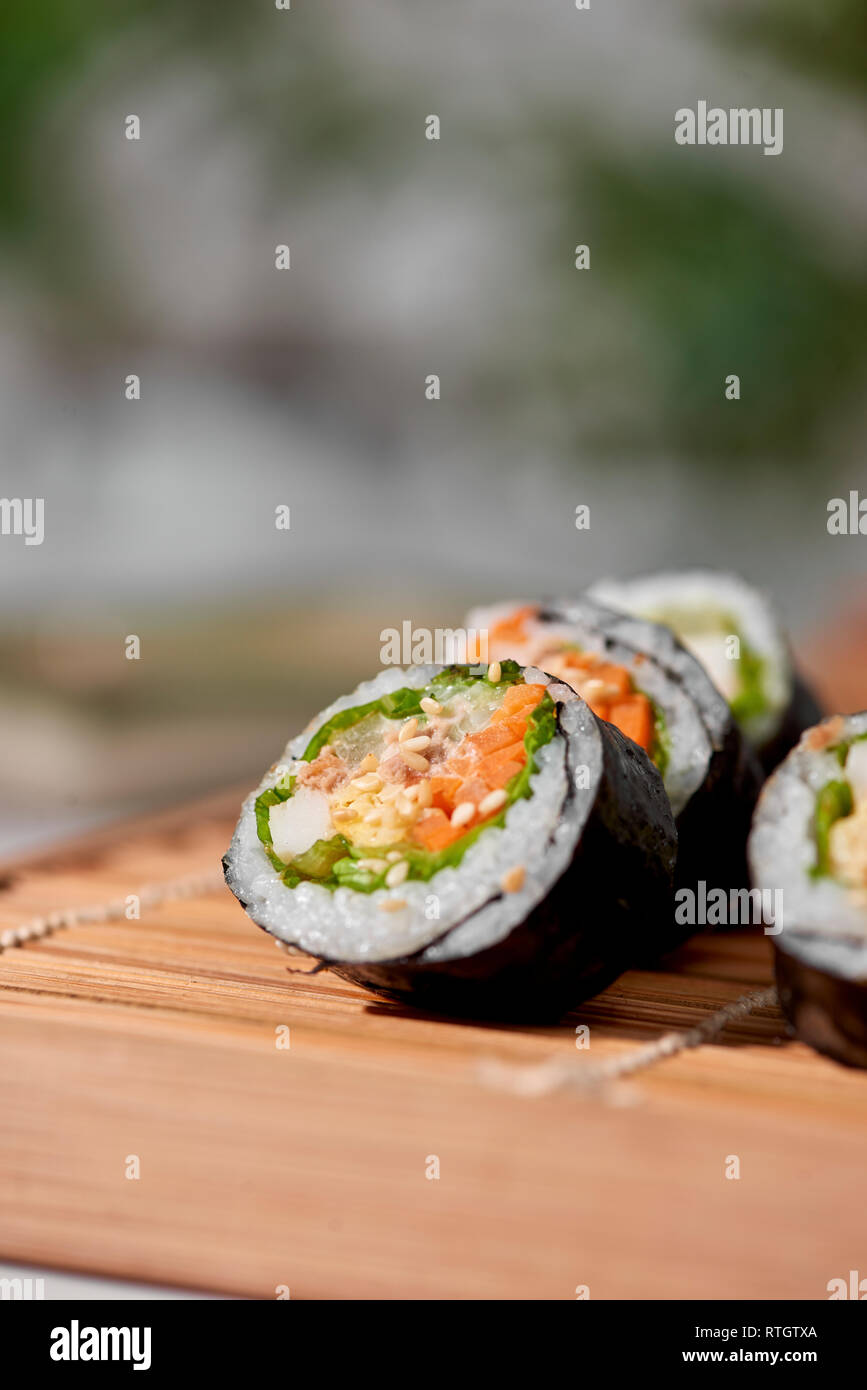 Korean roll Gimbap(kimbob) made from steamed white rice (bap) and ...
