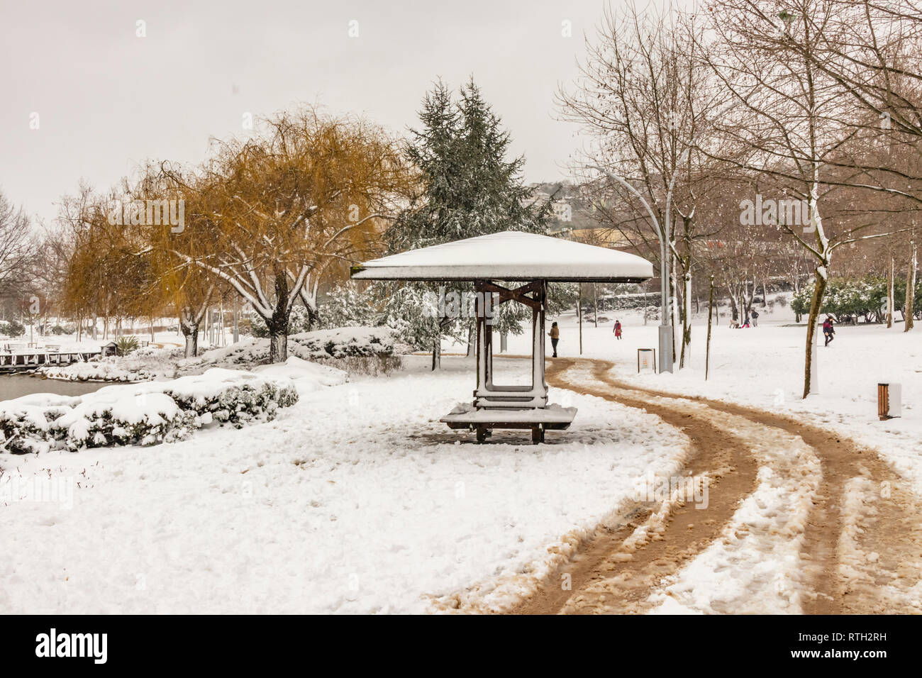 bahcesehir,istanbul,turkey-february 24,2019. snow and city views from ...