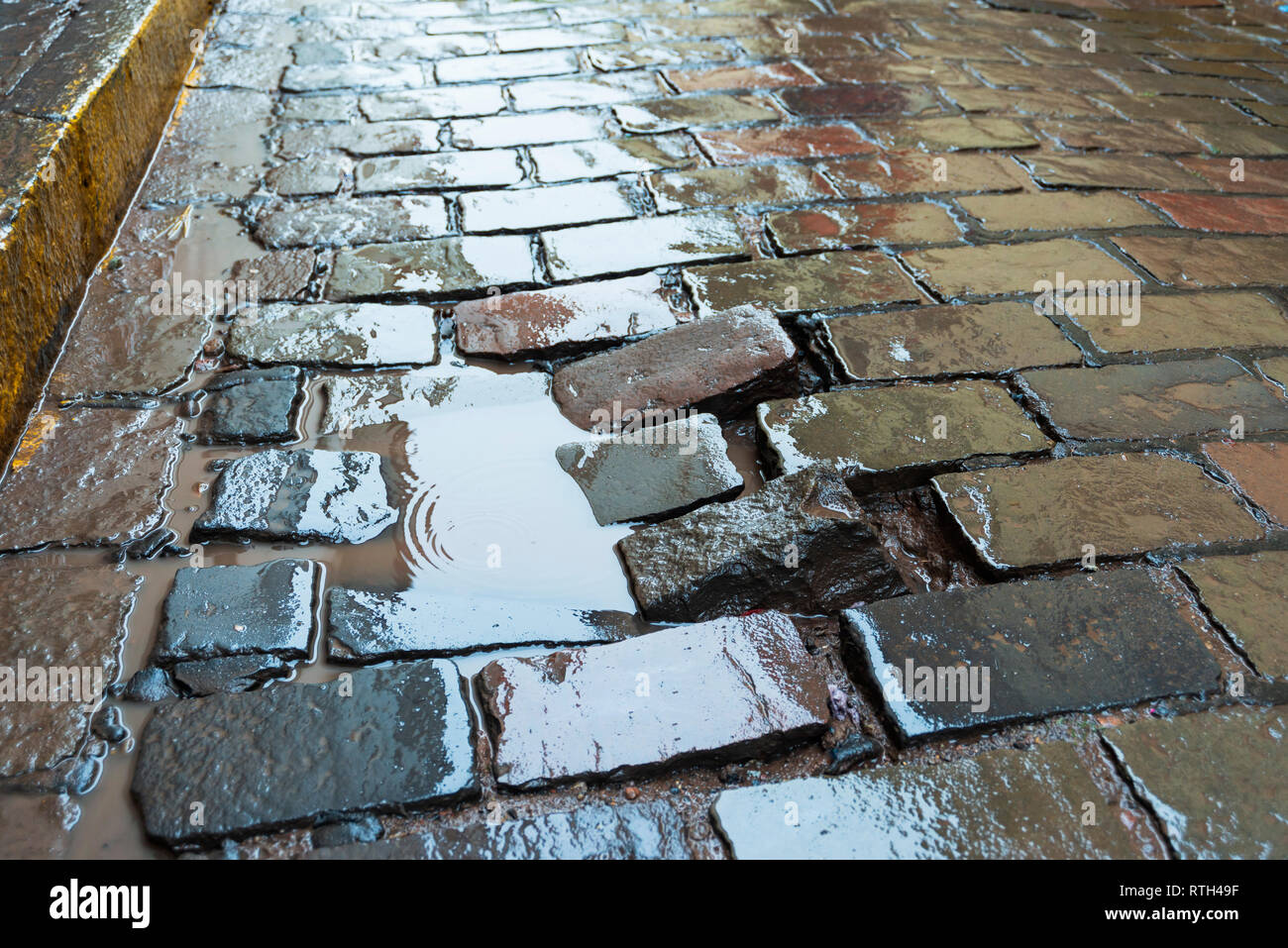 small puddle in hole of damaged cobblestone pavement Stock Photo - Alamy