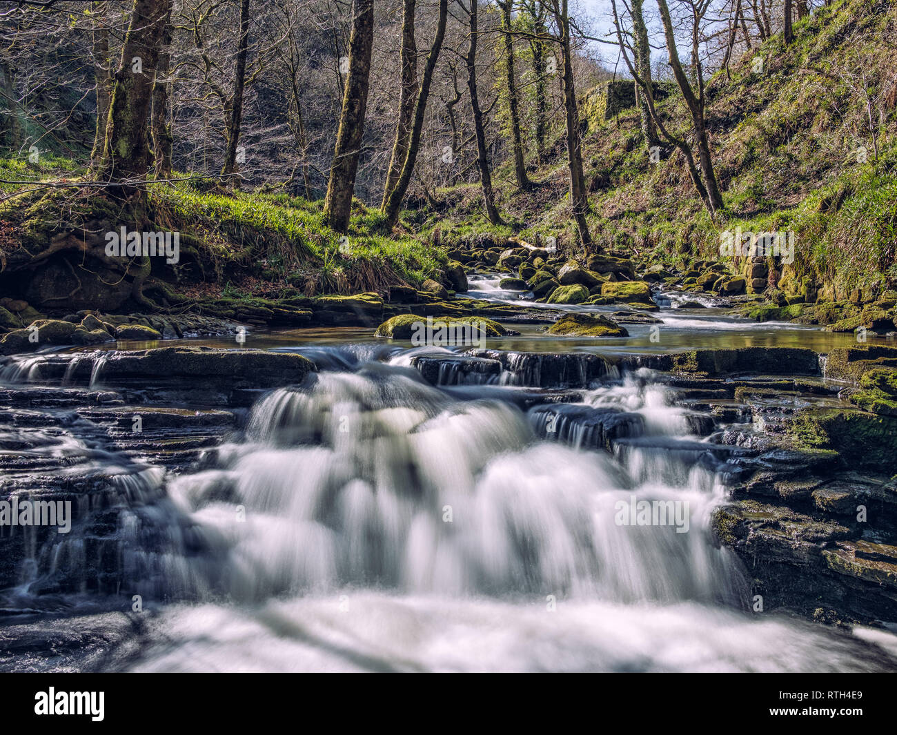 A waterfall in Colden Clough, a beauty spot near Hebden Bridge, West ...