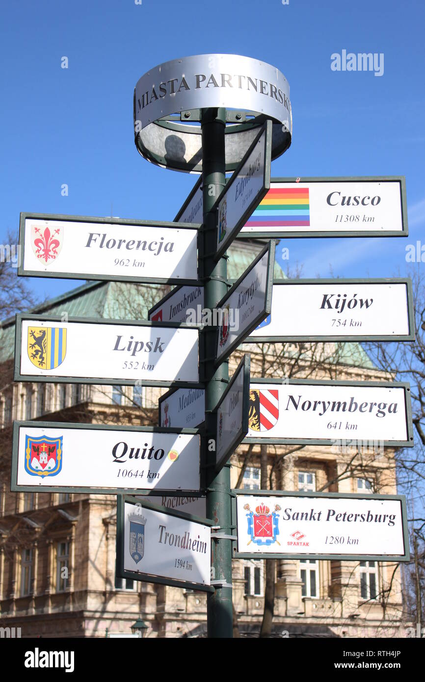 Sign showing the parner cities of Kraków Stock Photo - Alamy
