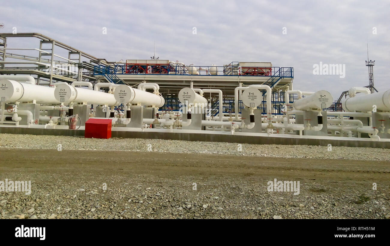 Heat exchangers in a refinery. The equipment for oil refining Stock ...
