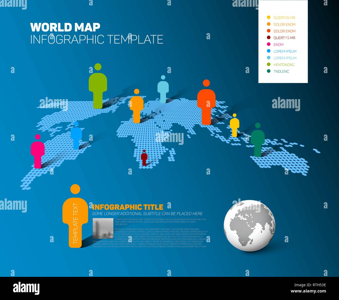 Light halftone World map infographic template with globe, color people icons as data ...
