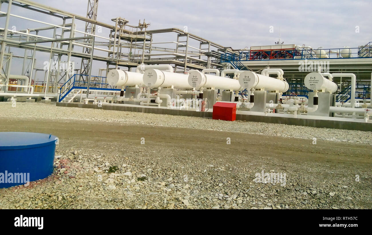 Heat exchangers in a refinery. The equipment for oil refining Stock ...