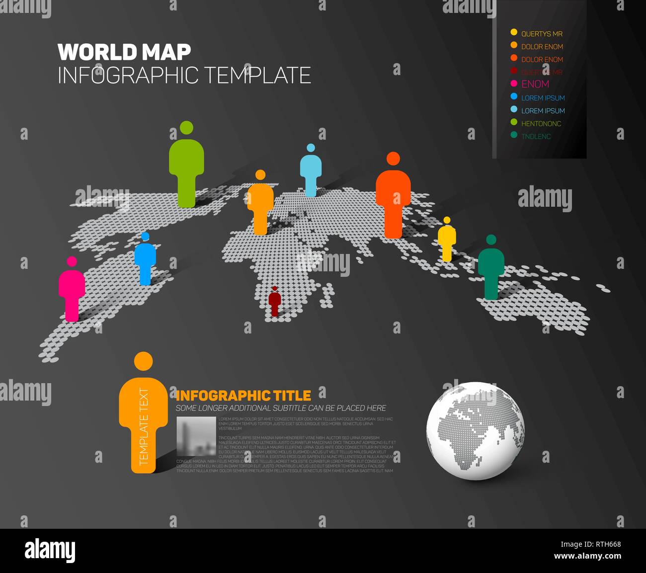 Light halftone World map infographic template with globe, color people icons as data ...