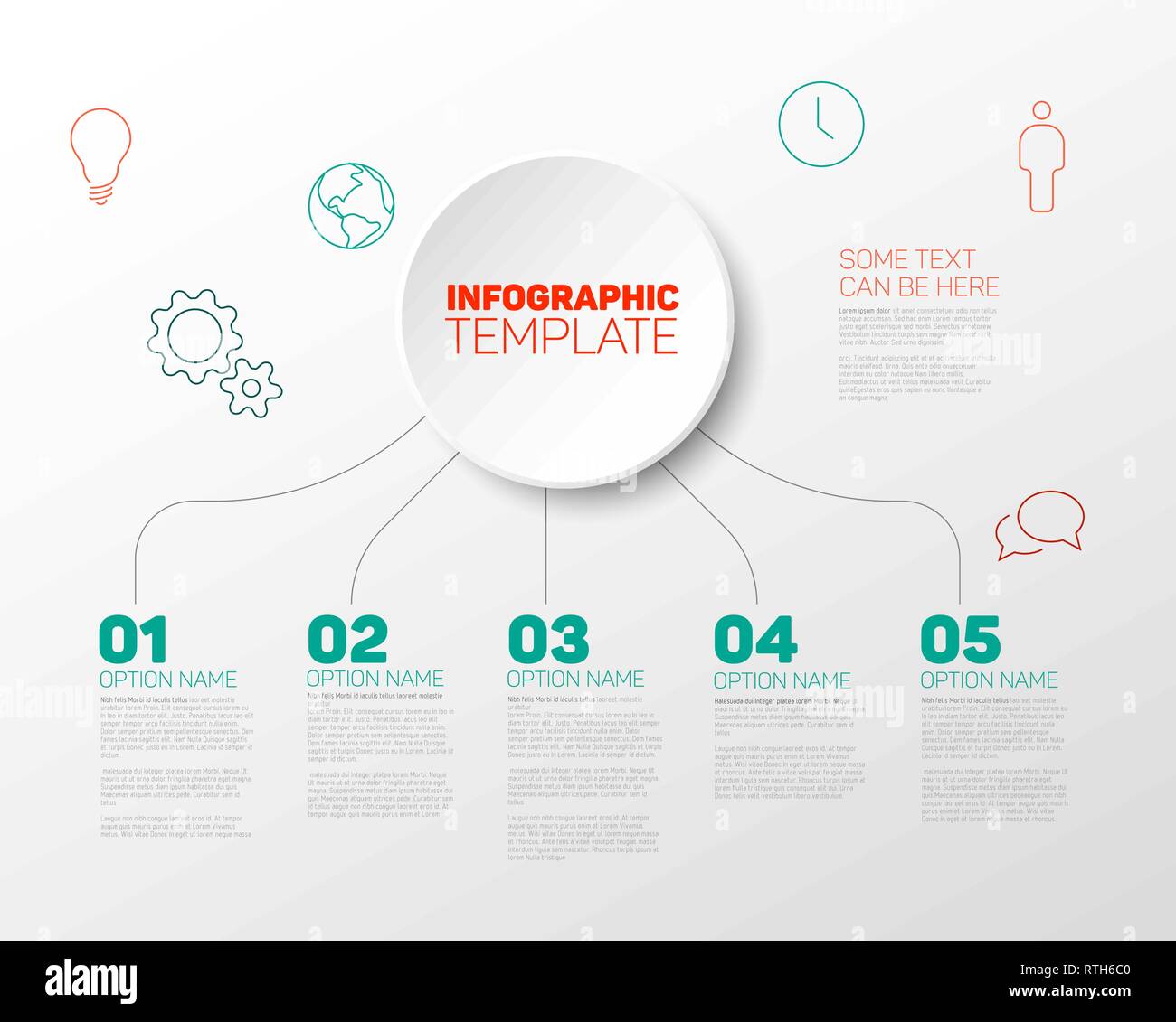Vector Infographic report template for six steps, made from red and teal lines with big circle ...
