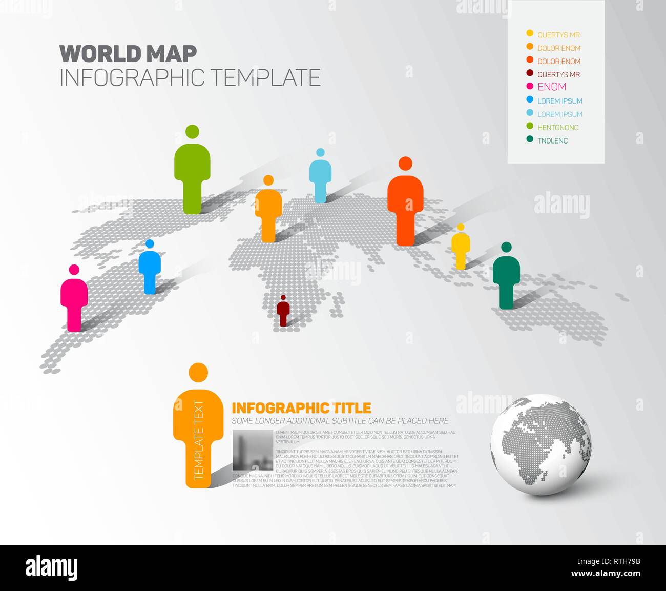 Light halftone World map infographic template with globe, color people icons as data ...