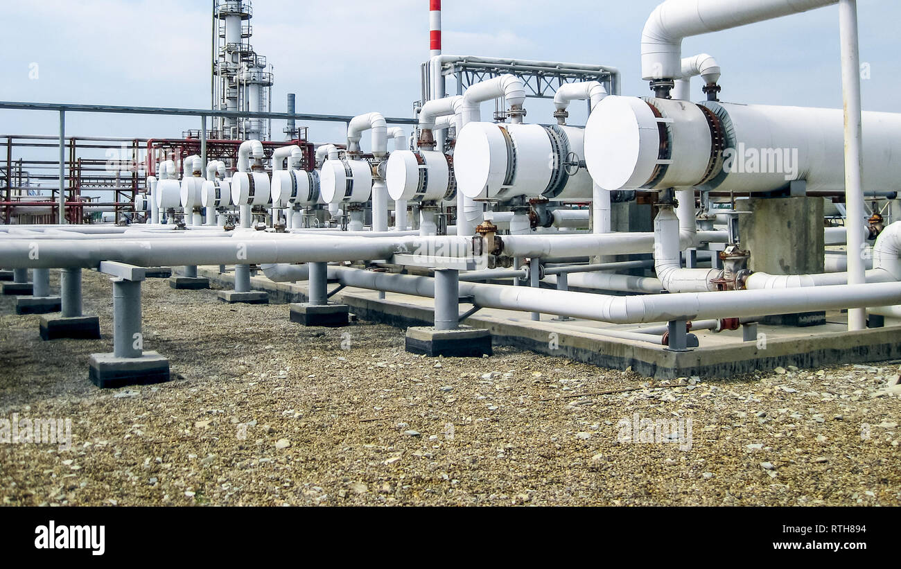 Heat exchangers in a refinery. The equipment for oil refining Stock ...