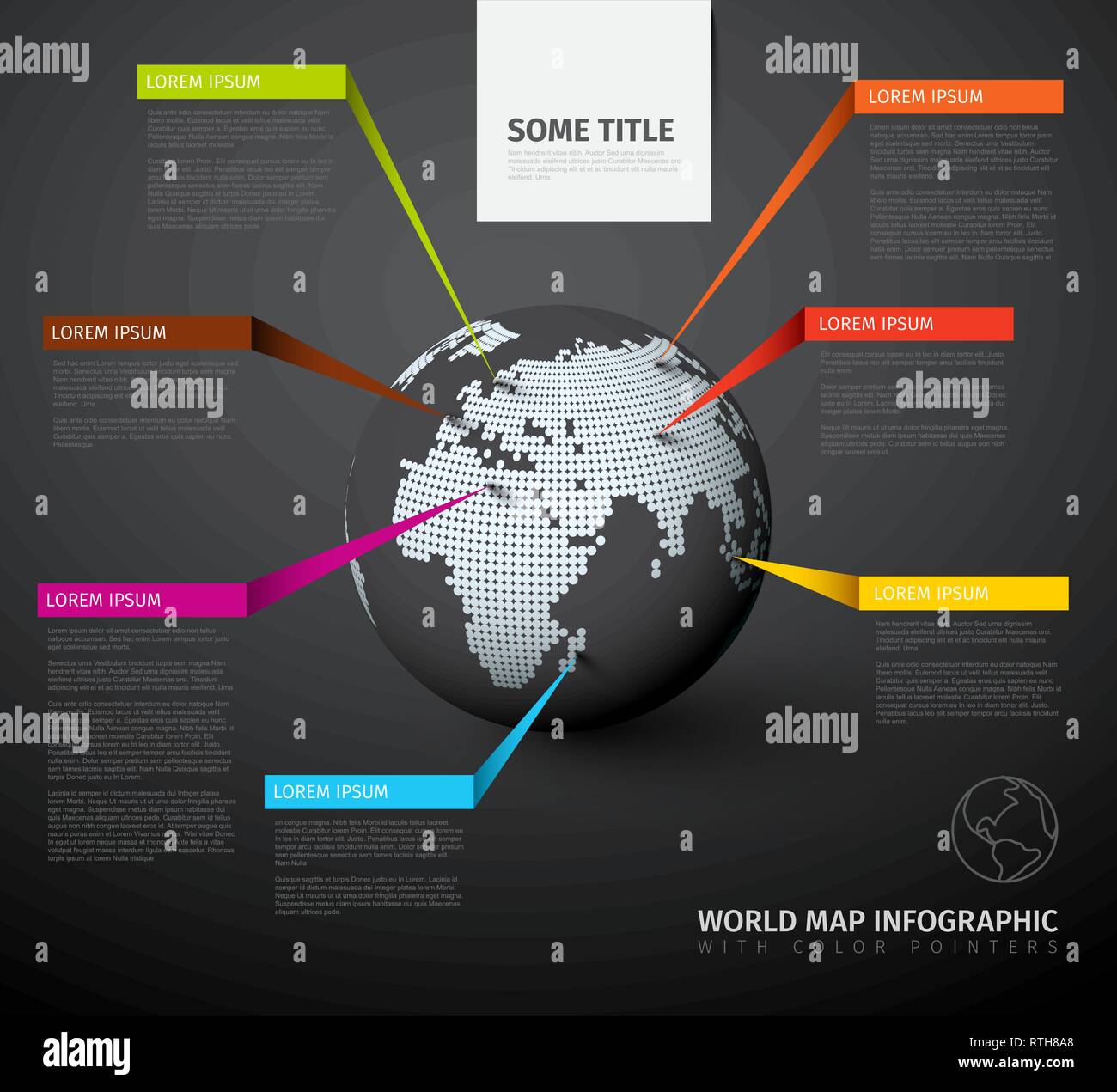 World map globe with pointer marks - dark version, with colorful labels. Modern world map globe ...