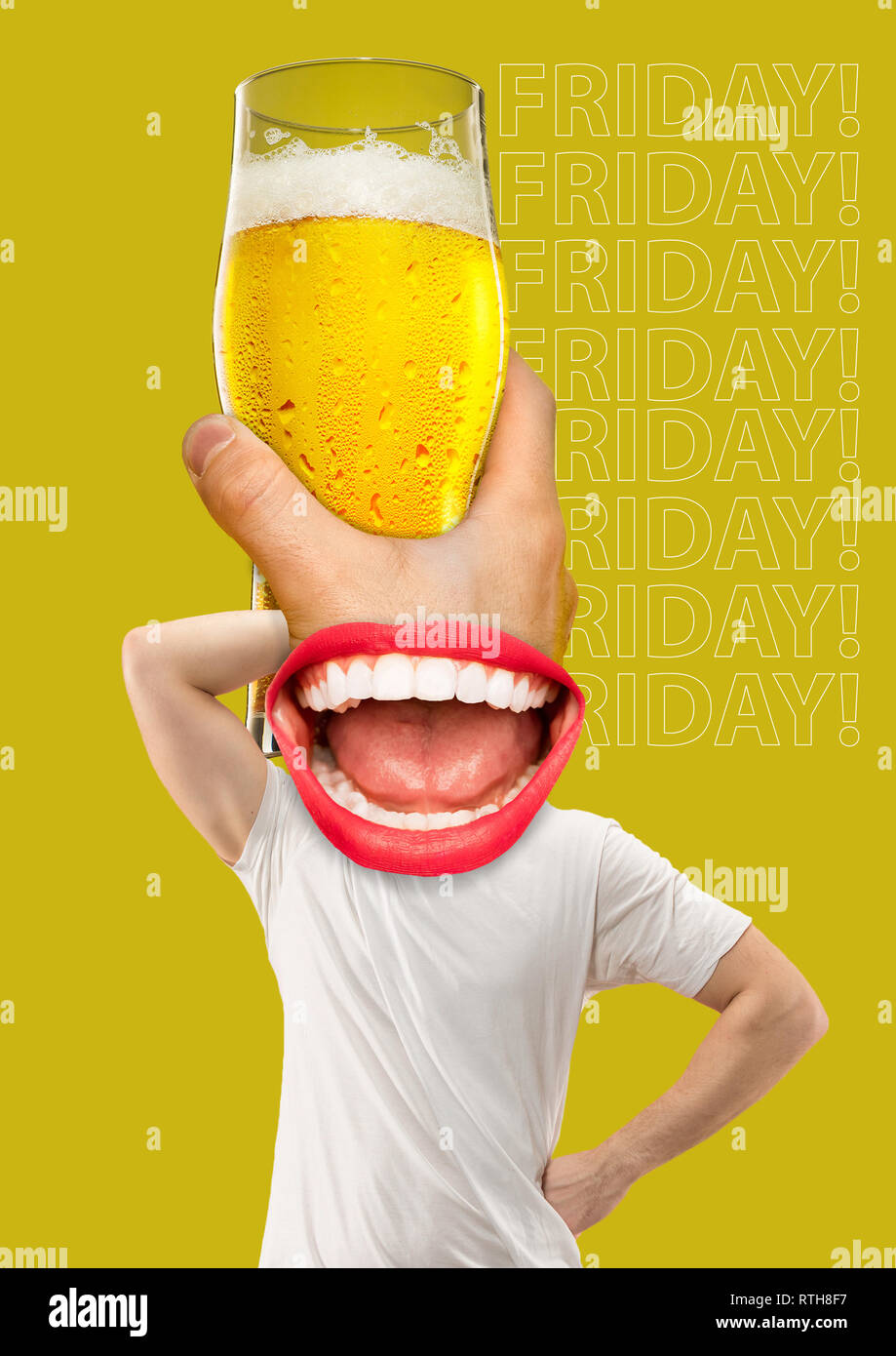 Friday, weekend, rest. Contemporary modern art collage about beer Stock ...
