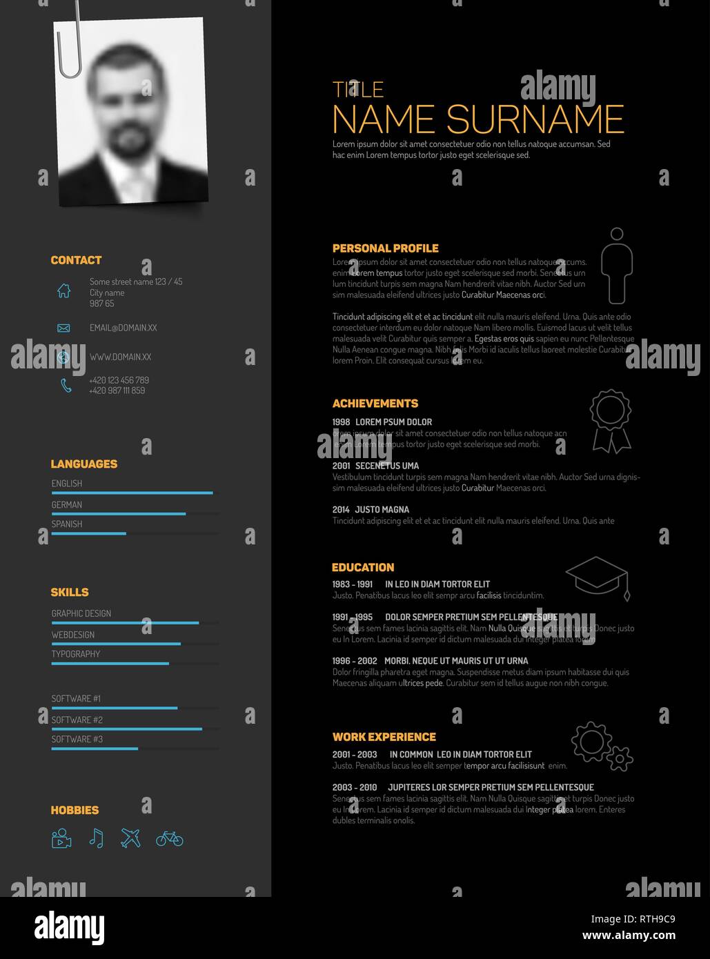 Vector minimalist dark gray cv / resume template design with profile ...