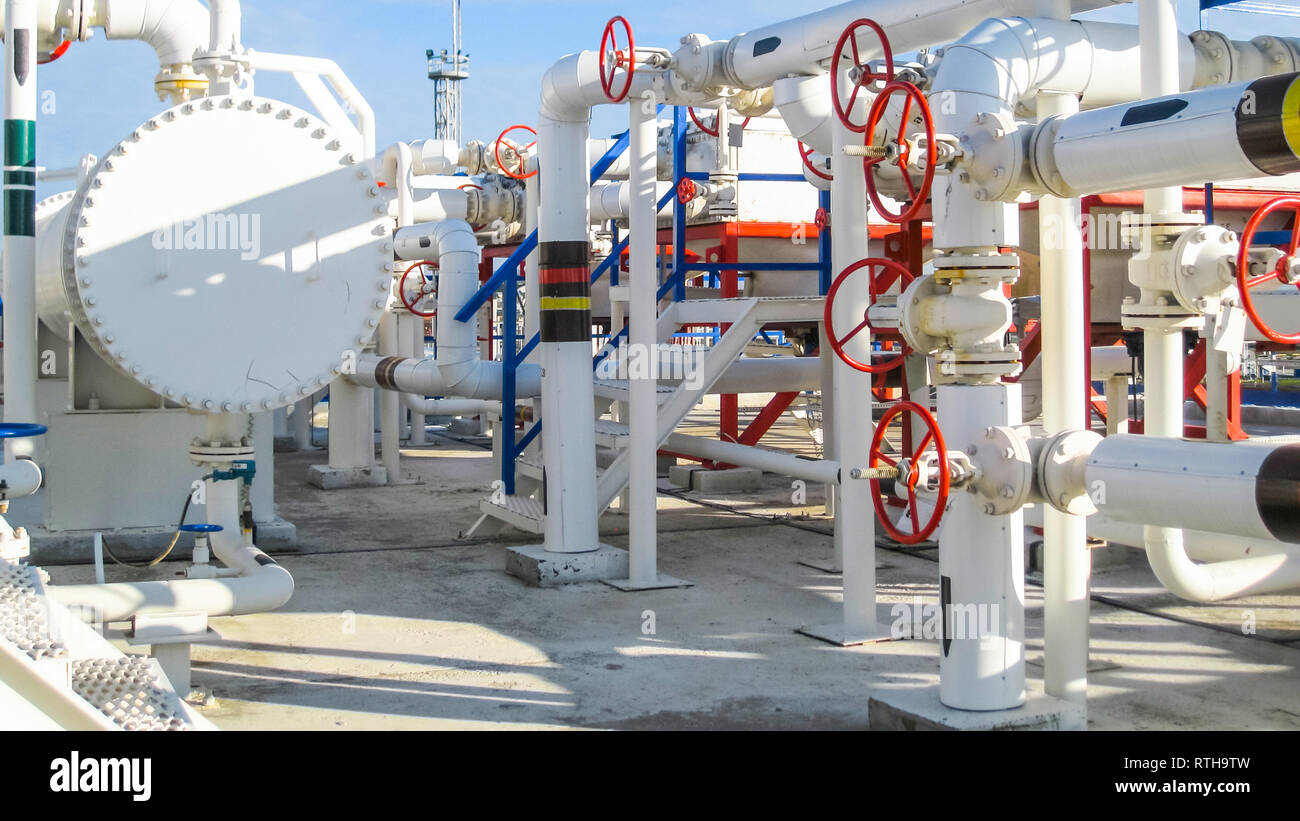 Heat exchangers in a refinery. The equipment for oil refining Stock ...