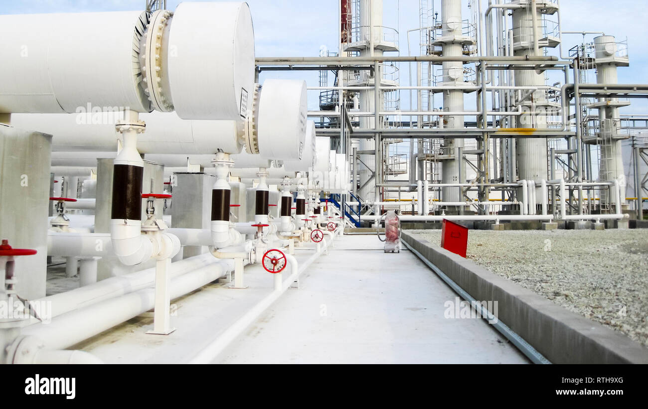 Heat exchangers in a refinery. The equipment for oil refining Stock ...