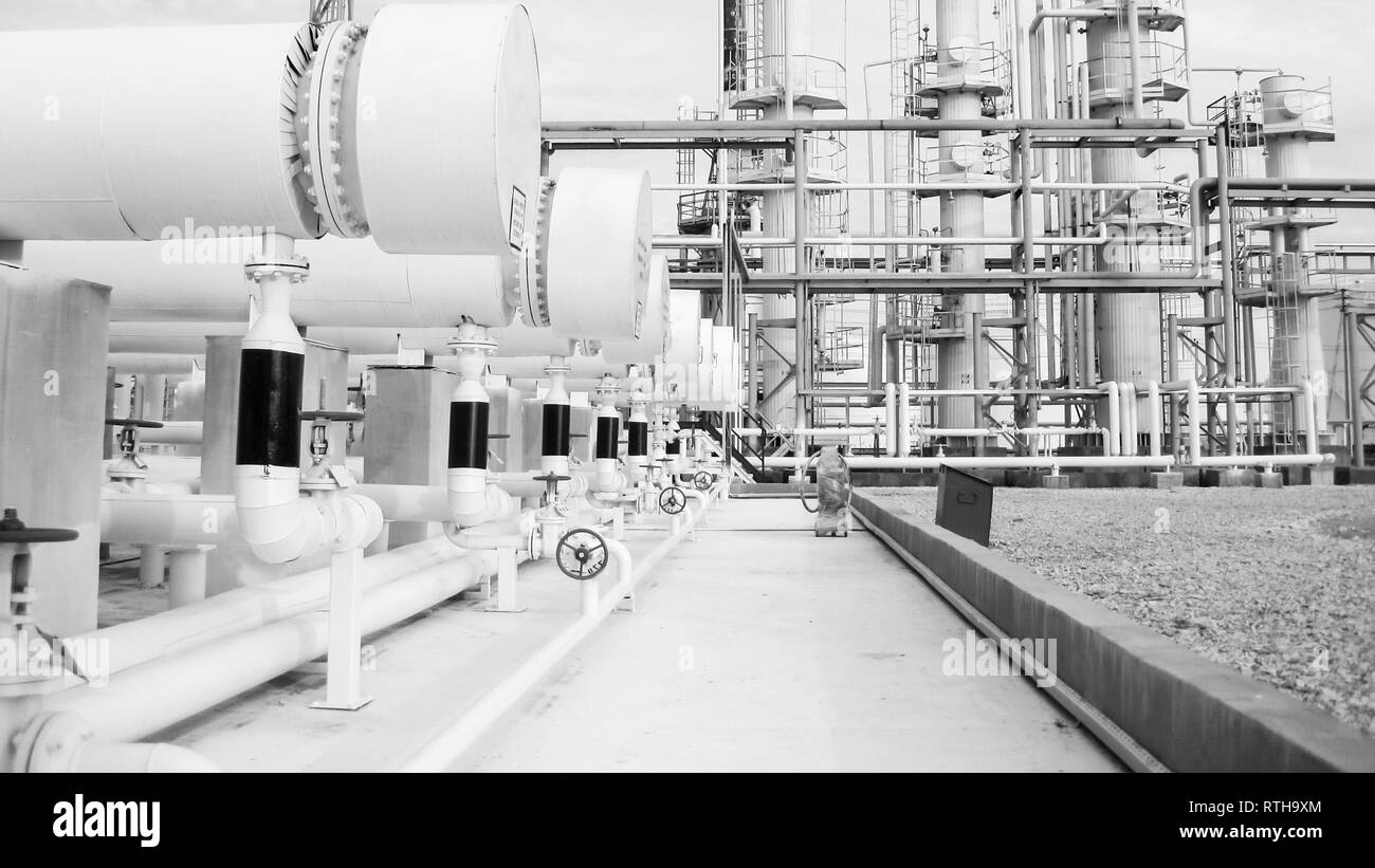 Heat exchangers in a refinery. The equipment for oil refining Stock ...