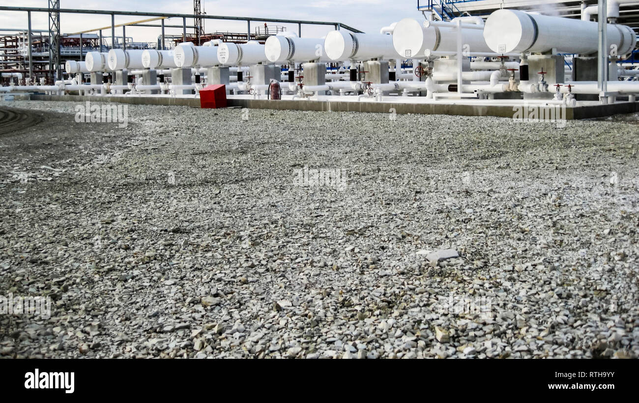 Heat exchangers in a refinery. The equipment for oil refining Stock ...