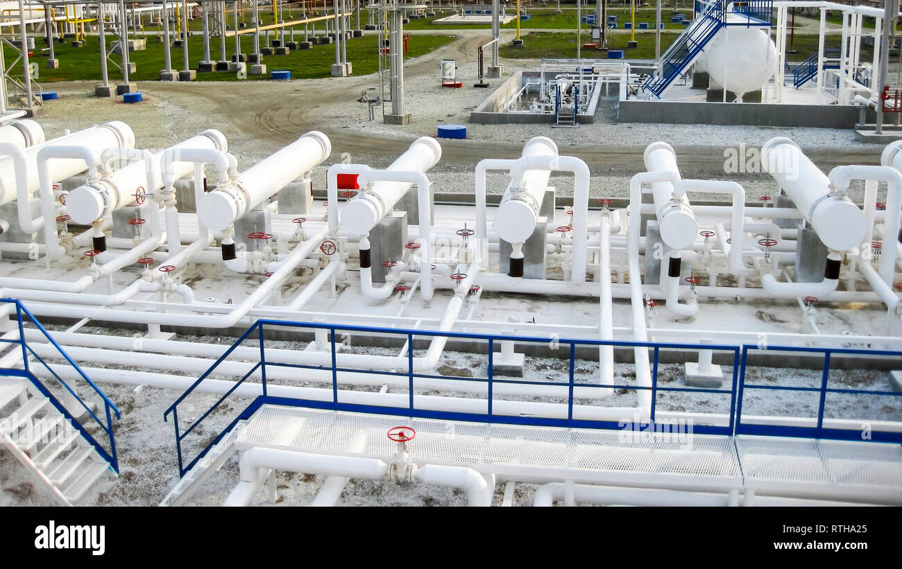 Heat exchangers in a refinery. The equipment for oil refining Stock ...