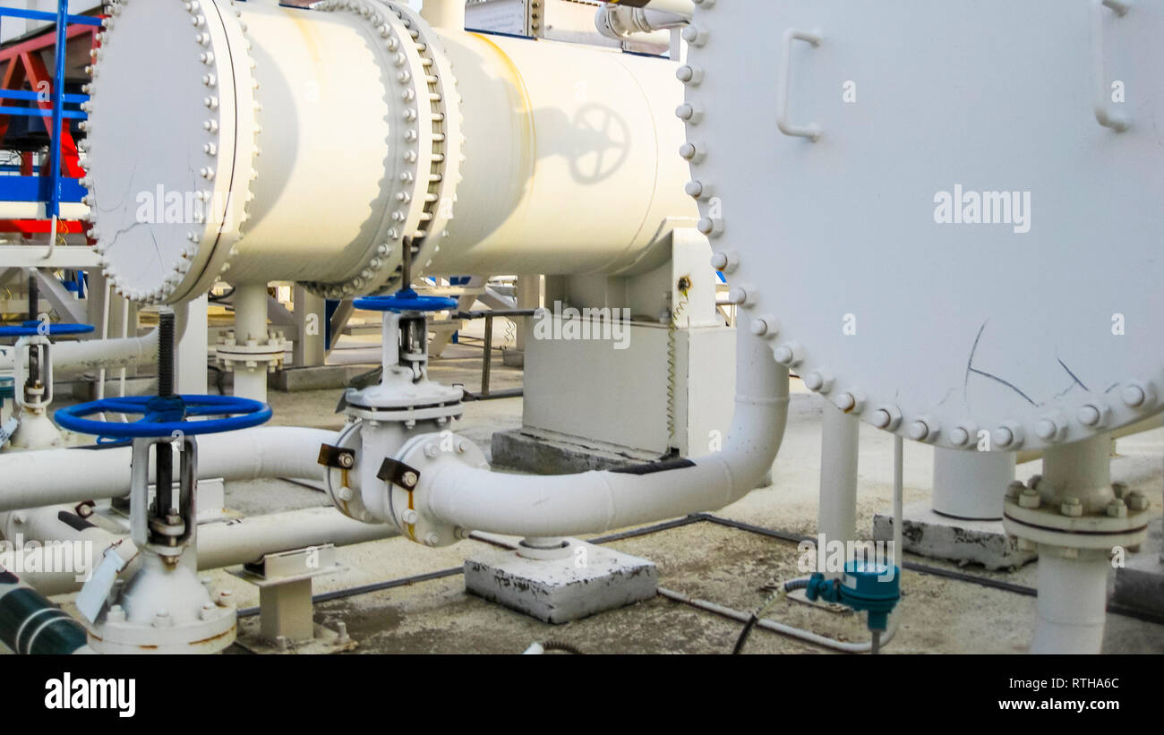 Heat exchangers in a refinery. The equipment for oil refining Stock ...