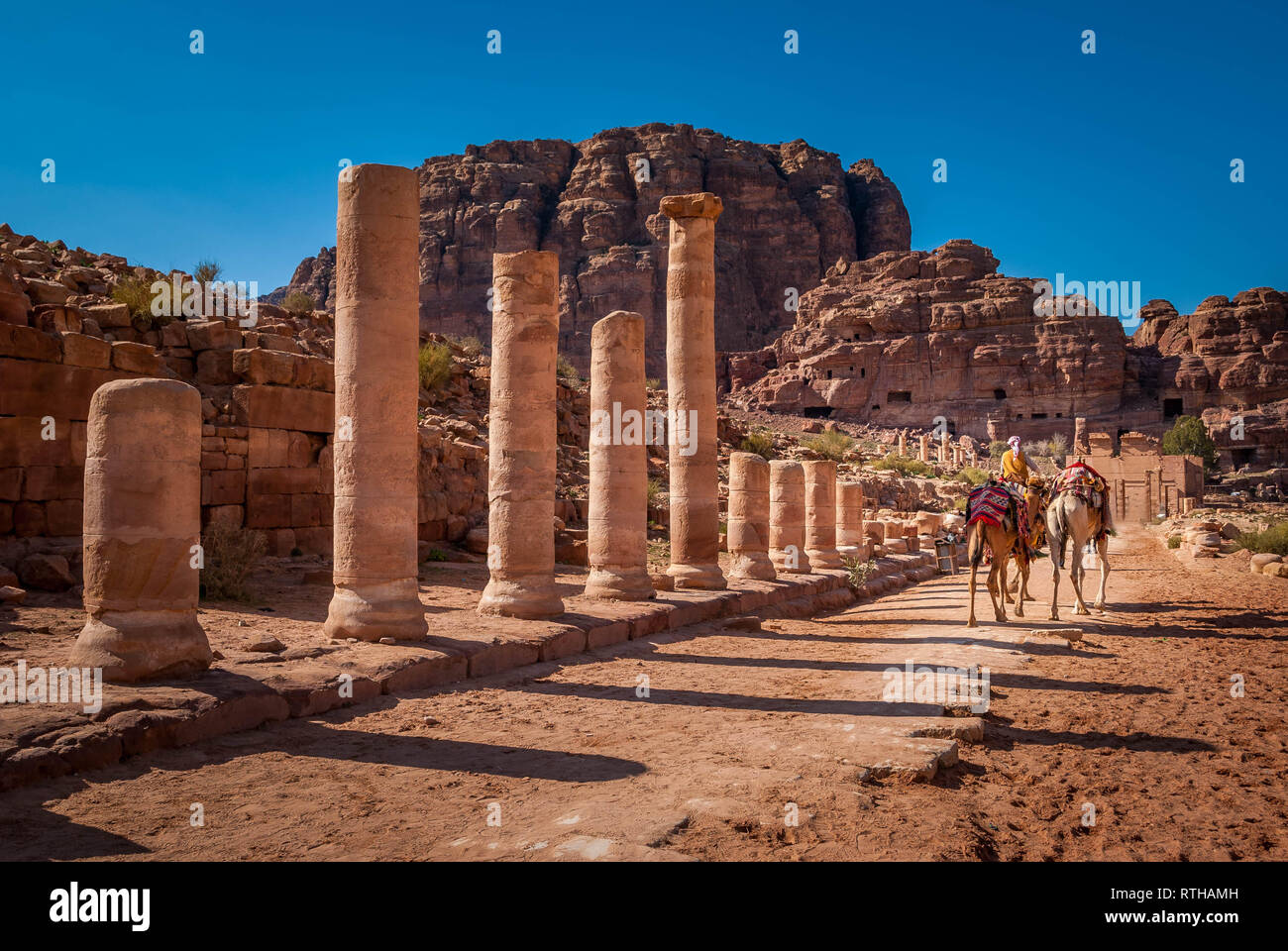 Columnated street Petra with bedouin and camel, Jordan, Middle East ...