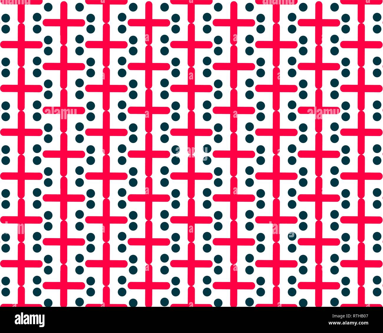 symmetrical repeating pattern red crosses dark circles on white ...