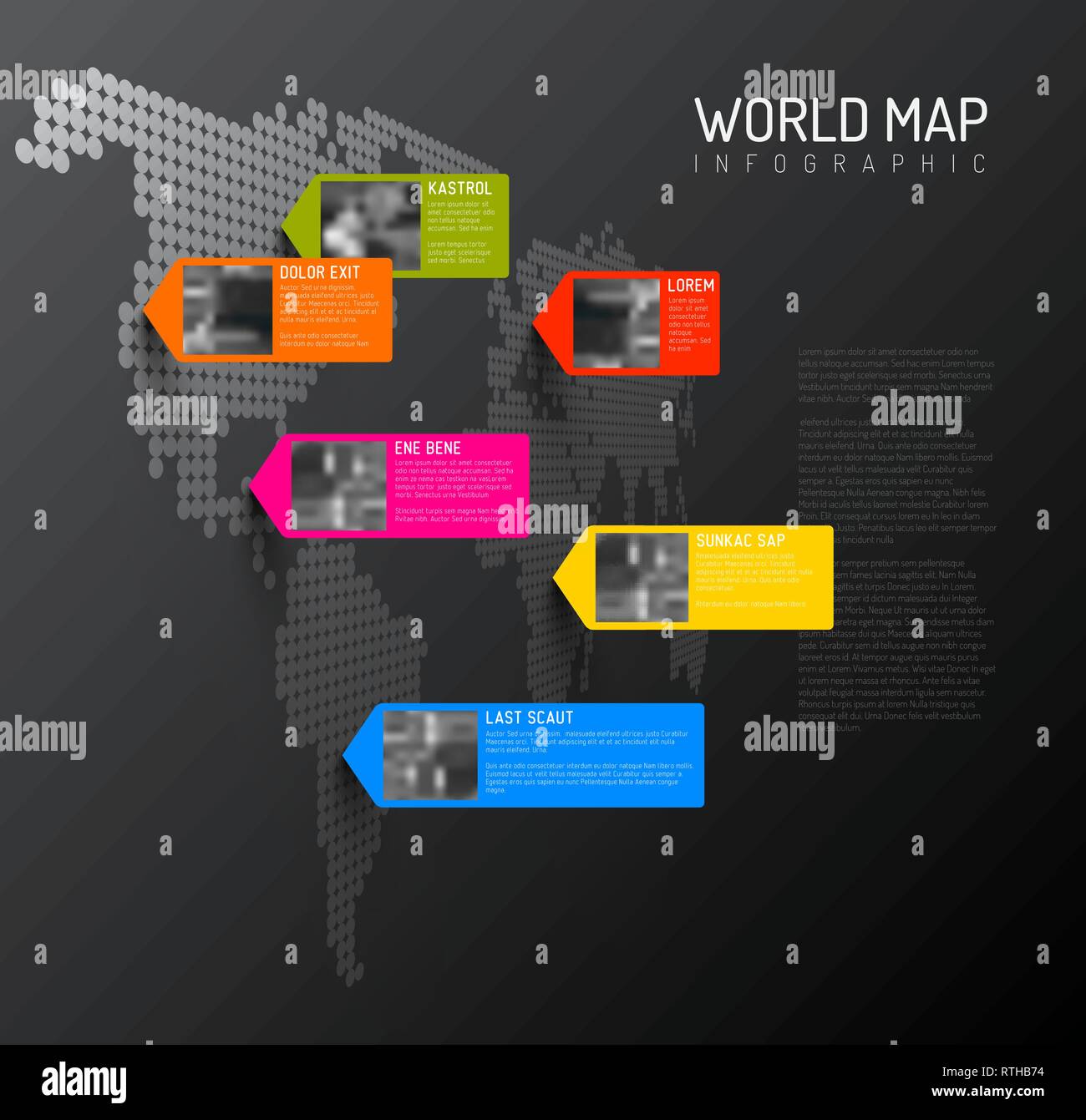 Vector World map template with pointers and photo placeholders - dark version Stock Vector Image ...