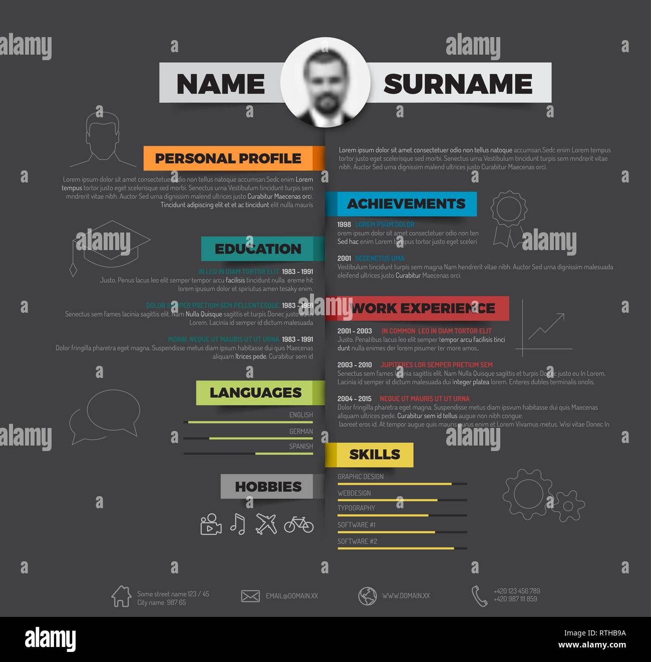 Vector minimalist cv / resume template with with colorful labels and ...