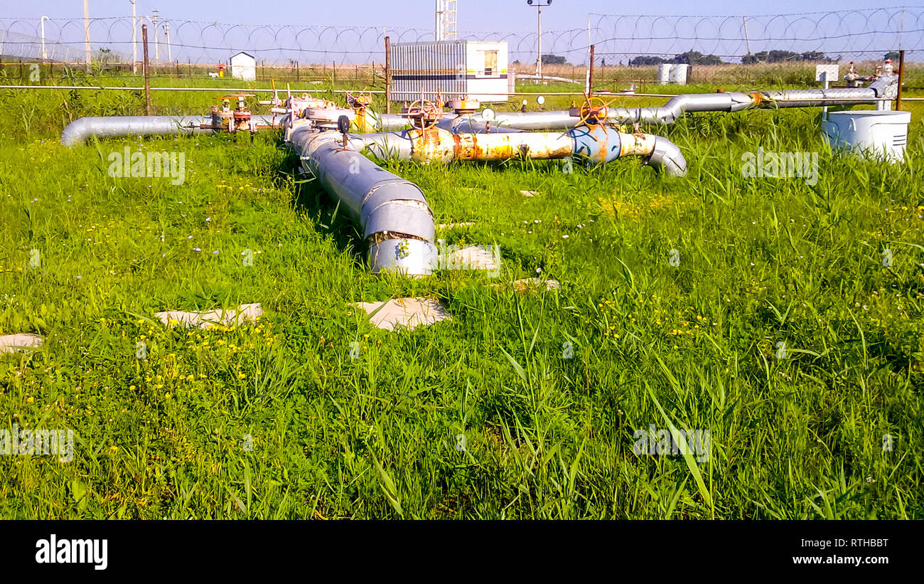 Oil industry object. Technological pipelines and equipment. Oil field ...