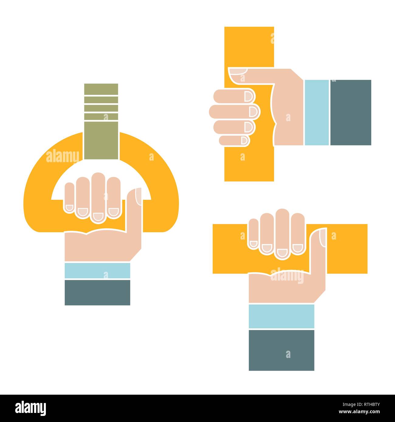 Hands in a flat style to hold the handrails in public transport. Rules ...