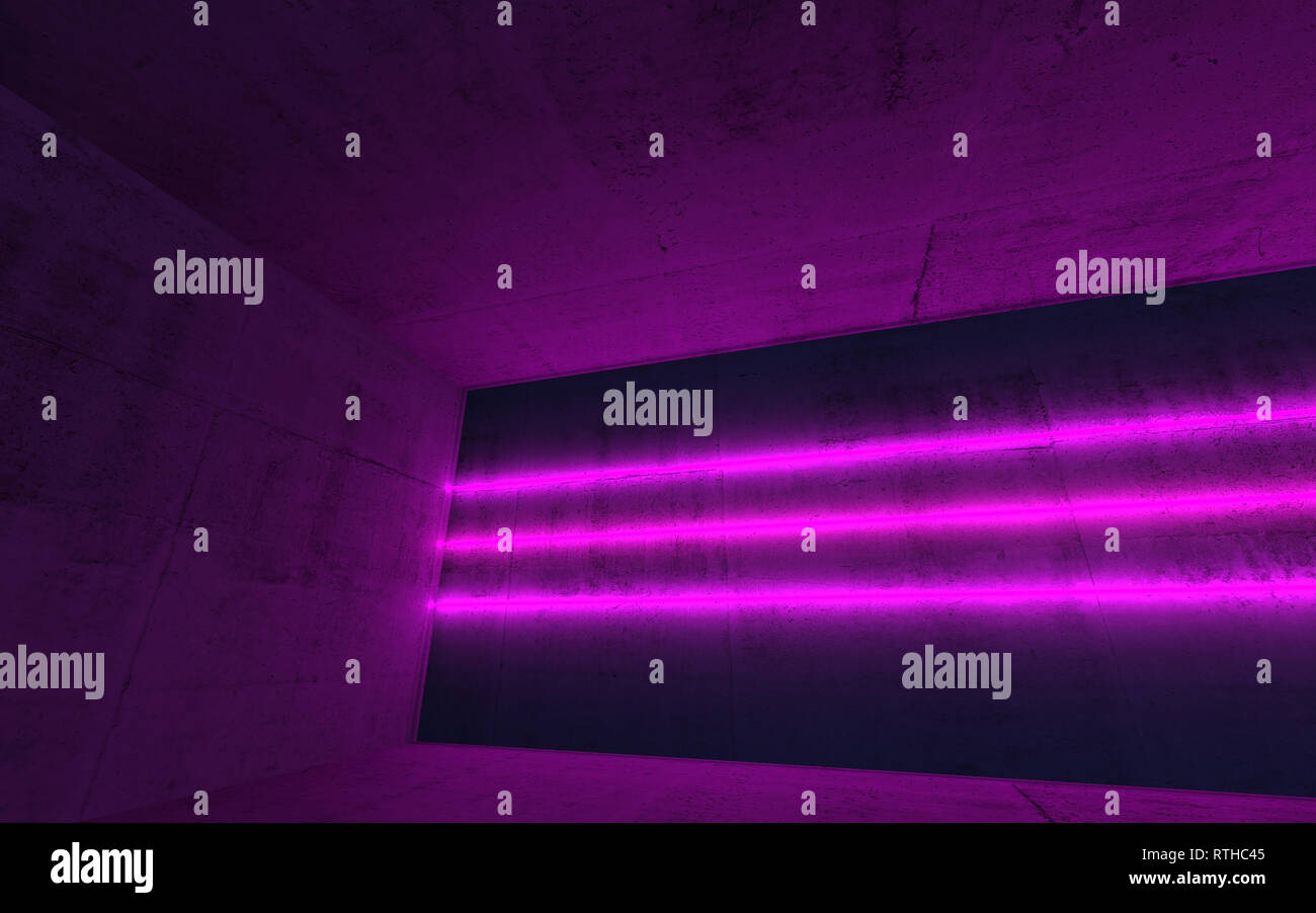 Abstract empty dark concrete interior with bright purple neon light ...