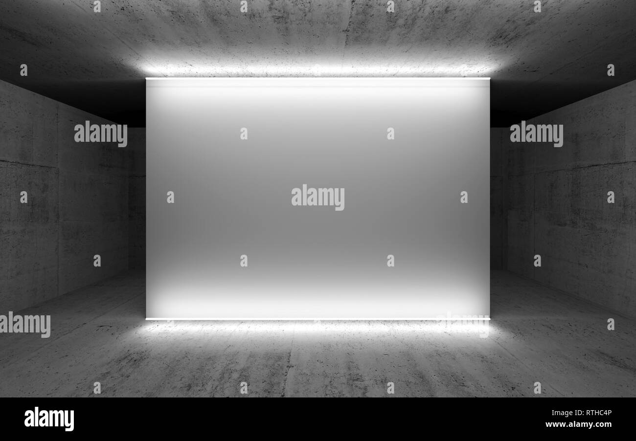 Abstract concrete interior background with empty white banner and neon ...