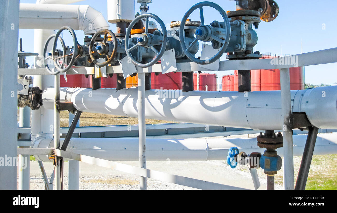 pipelines and latches. Oil refinery. Equipment for primary oil refining ...