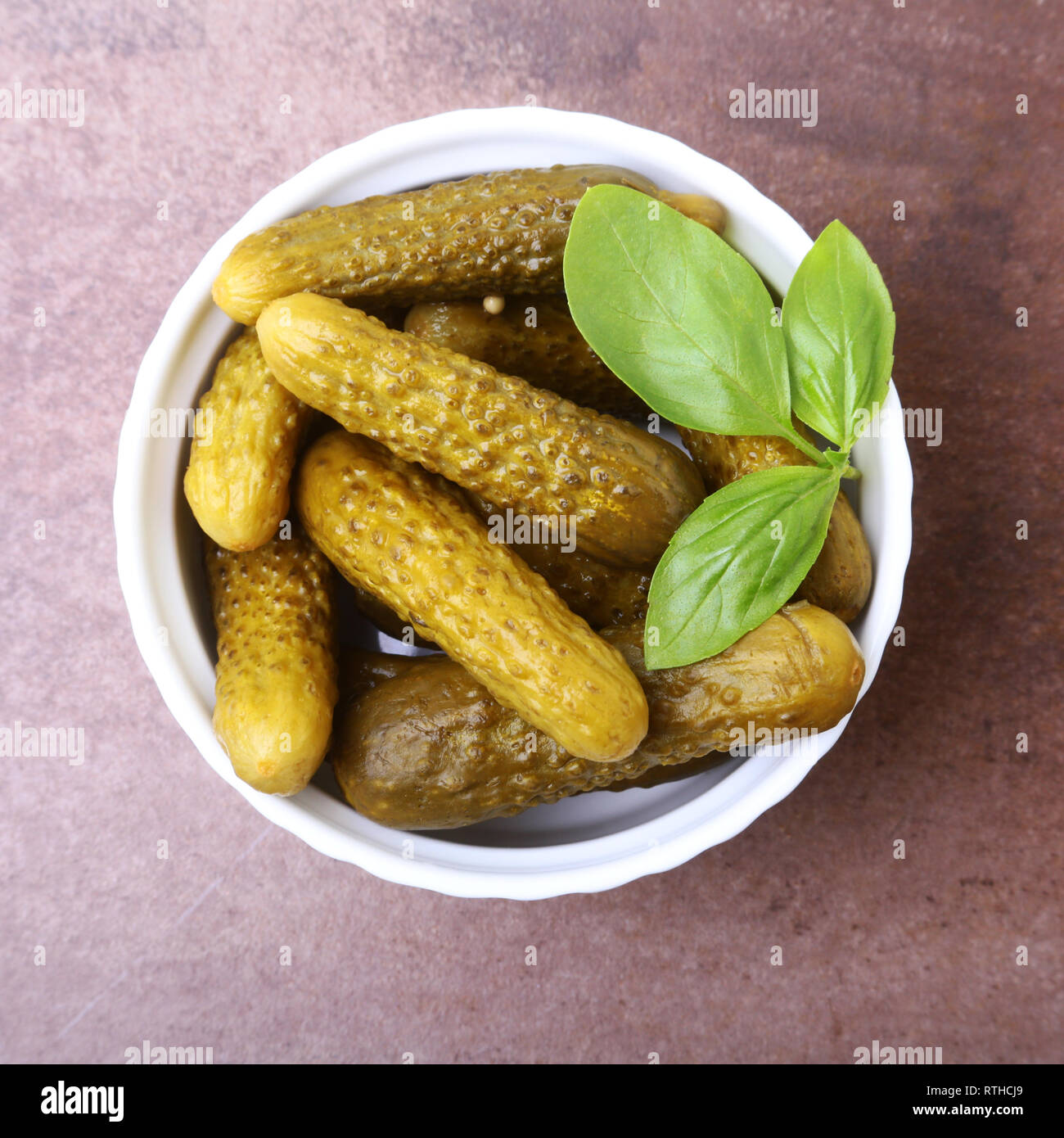 Pickles. Bowl of pickled gherkins cucumber with copy space. Cornichons ...
