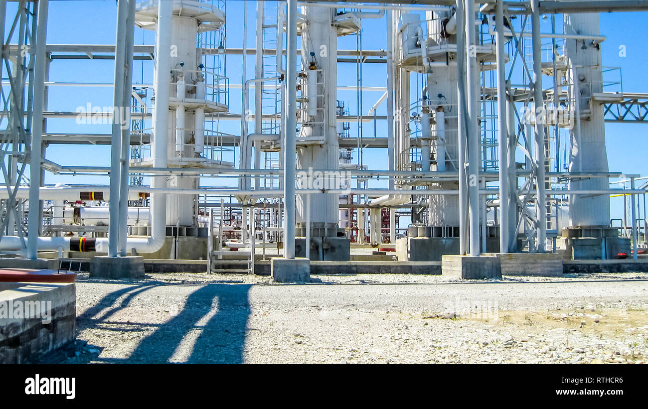 Rectification columns of the oil refinery. Equipment for primary oil ...