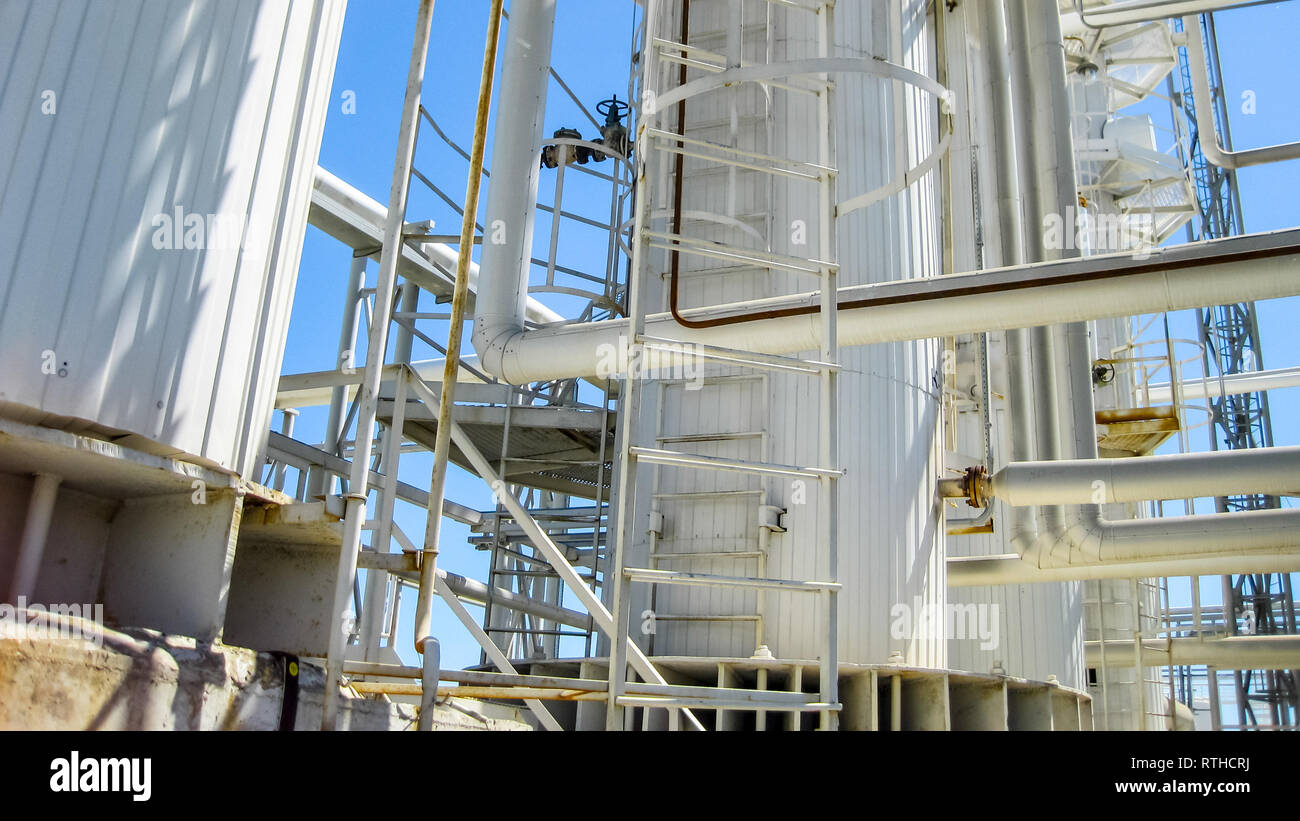 Rectification columns of the oil refinery. Equipment for primary oil ...