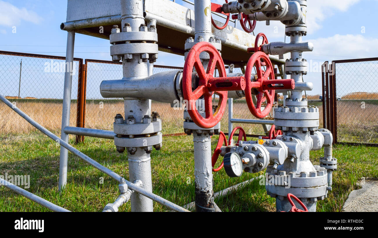 Shut-off valves on the high-pressure well flowing equipment. Oil ...