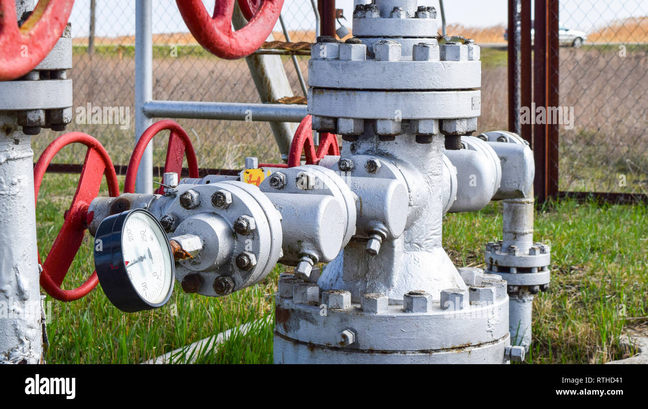 Shut-off valves on the high-pressure well flowing equipment. Oil ...