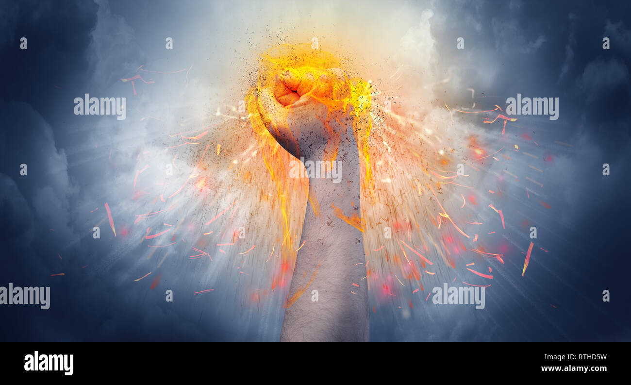 Hand hits strongly and makes fire beam around Stock Photo - Alamy