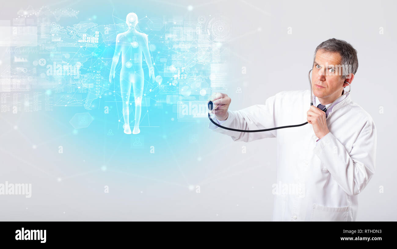 Middle aged scientist with full body map concept Stock Photo - Alamy