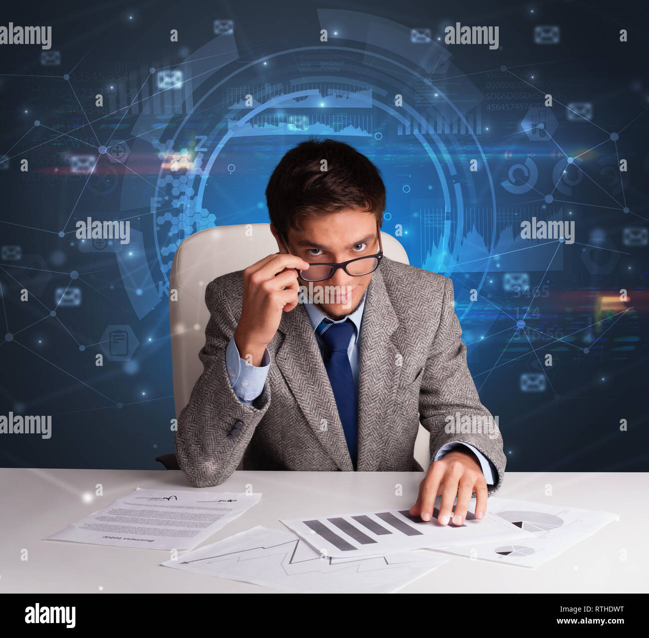 Manager in front of the office desk with connections and teamwork ...