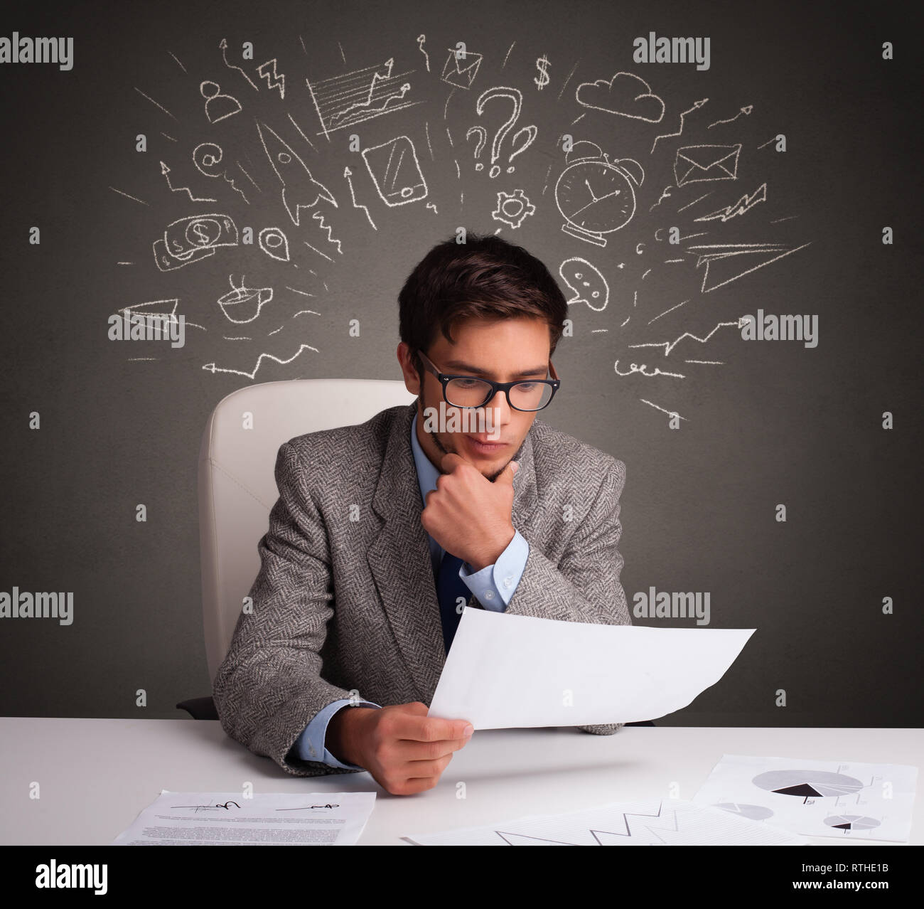 Manager in front of the office desk with different direction concept ...