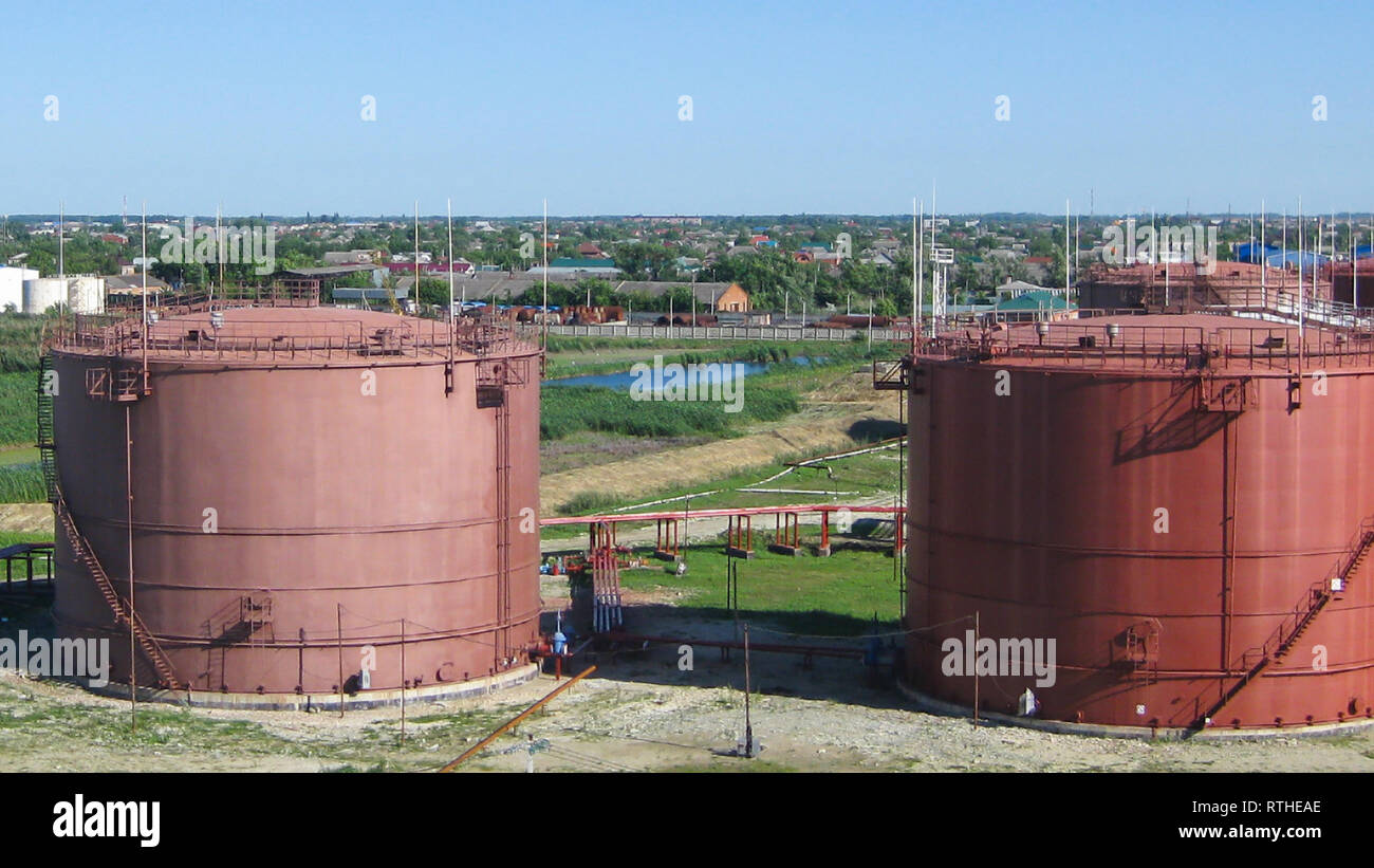 Storage tanks for petroleum products. Equipment refinery Stock Photo ...