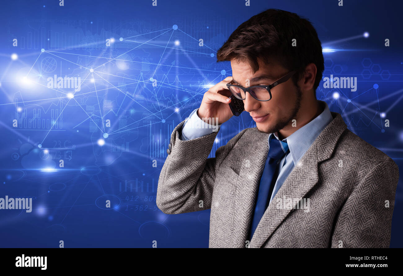 Person talking on the phone with networking concept Stock Photo - Alamy