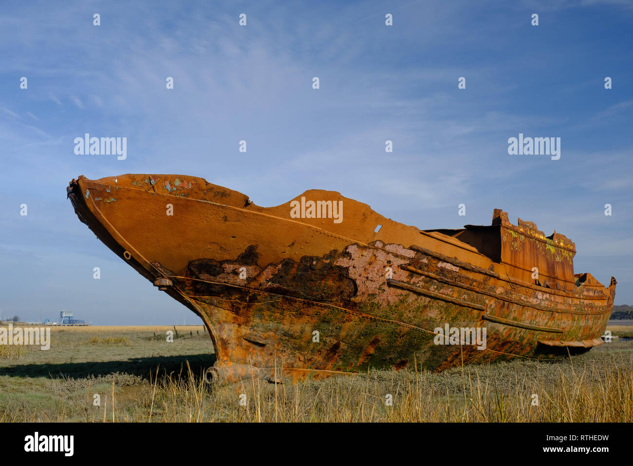 Rusting boat wrecks on the shore of the River Wyre estuary at Fleetwood in Lancashire, UK Stock ...