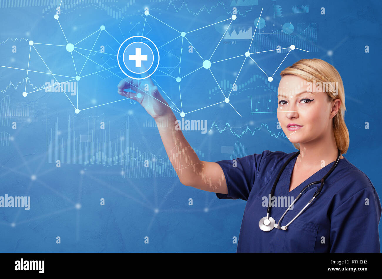 Doctor touching blue screen with virtual hospital concept Stock Photo ...