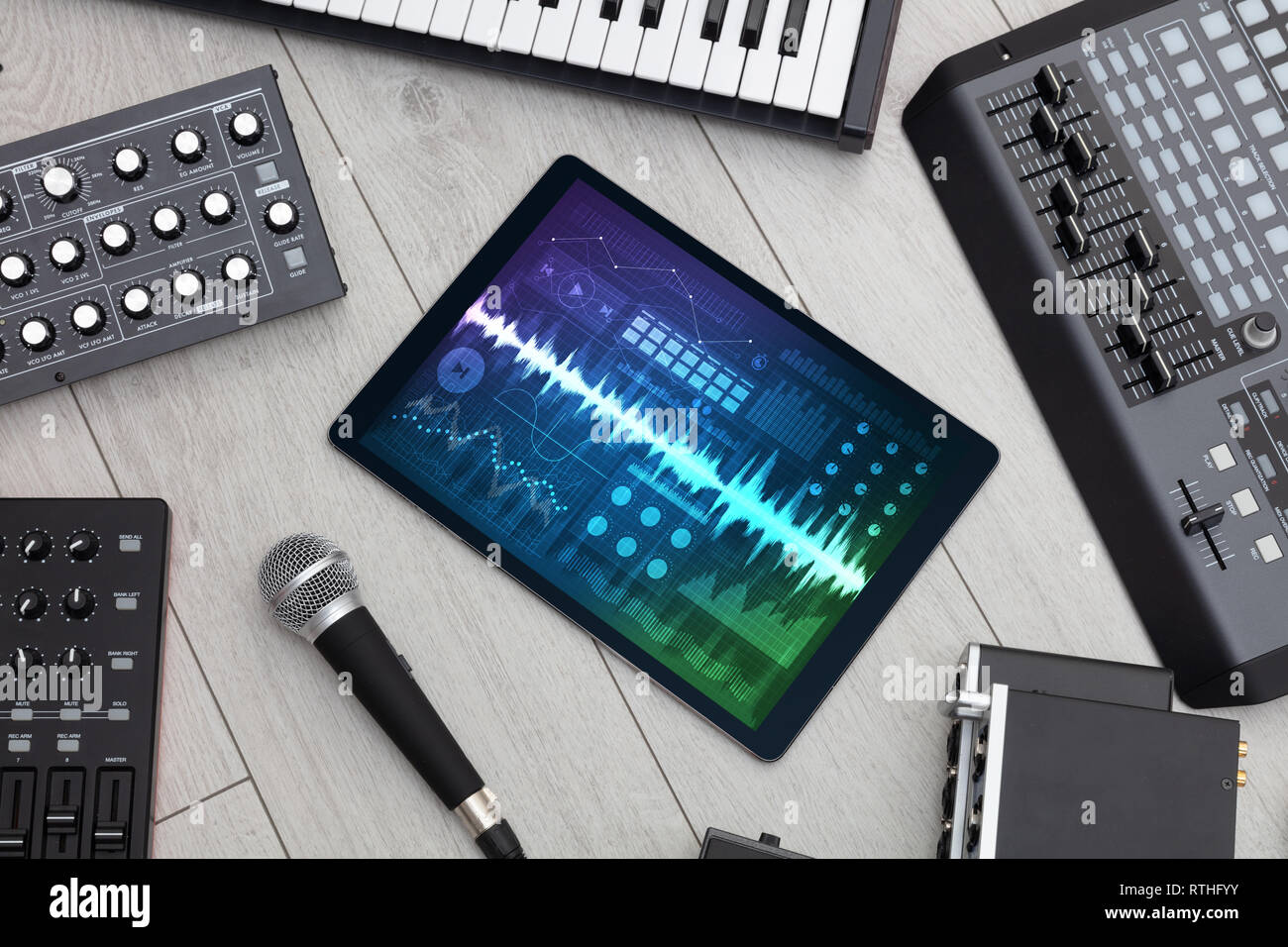 Music instruments and tablet with recording sound concept Stock Photo ...