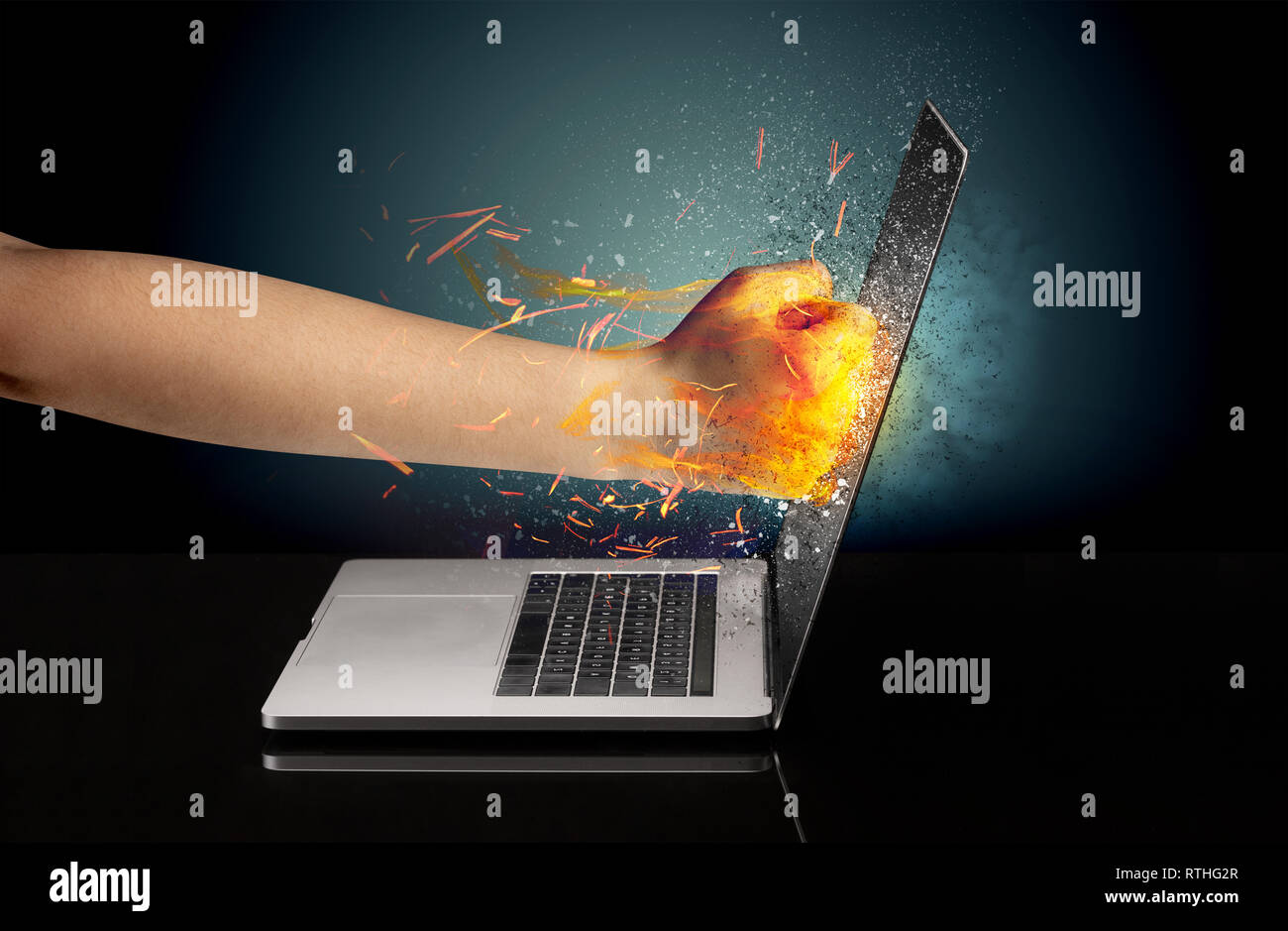 Arm hitting strongly laptop screen which breaks in little pieces Stock ...